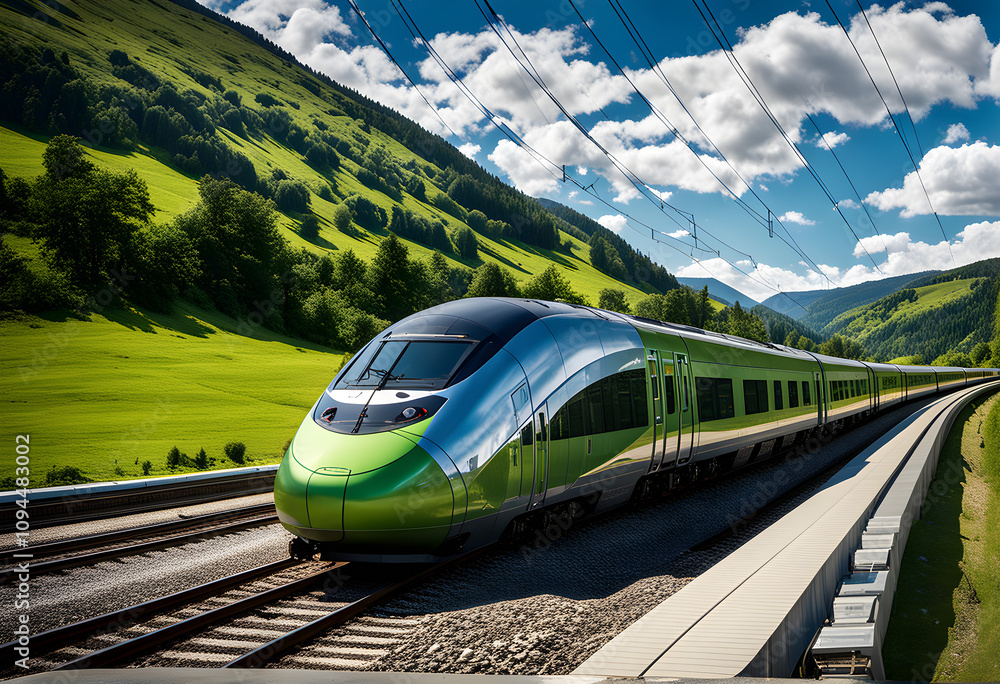 A high-speed train running in the Alpine valley of Switzerland. A high ...