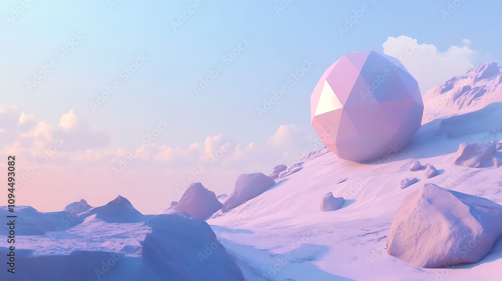 Pastel Pink Geodesic Sphere on a Snowy Mountaintop: 3D Render. AI ...