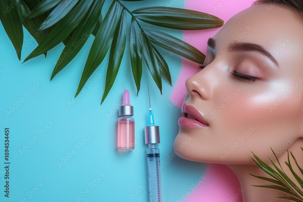 Woman receives a cosmetic procedure with a syringe and vial of ...