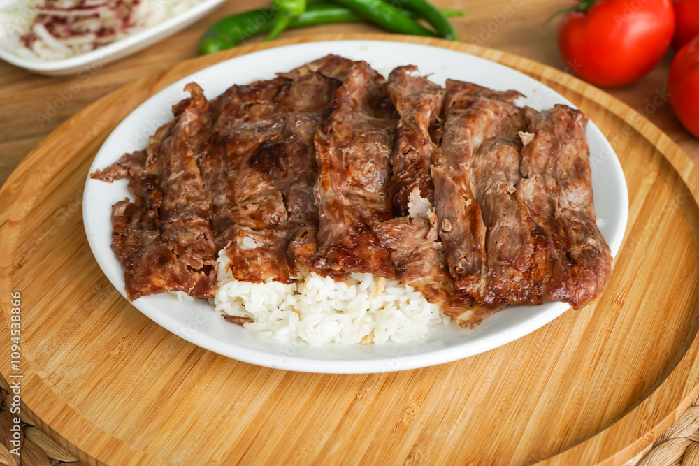 Meat Doner Kebab on Rice portion served in tray dish with garlic ...