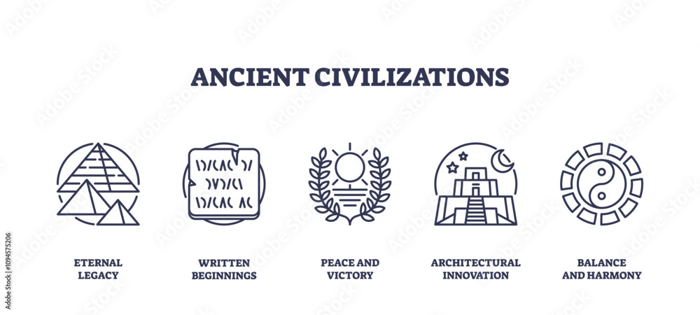 Ancient civilizations icons include pyramids, scrolls, and temples ...