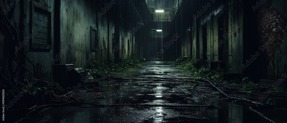 An eerie, abandoned alley in a psychiatric hospital, filled with ...