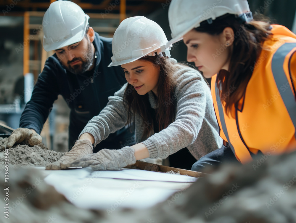 Professional archaeologists collaborating on survey, focused and ...