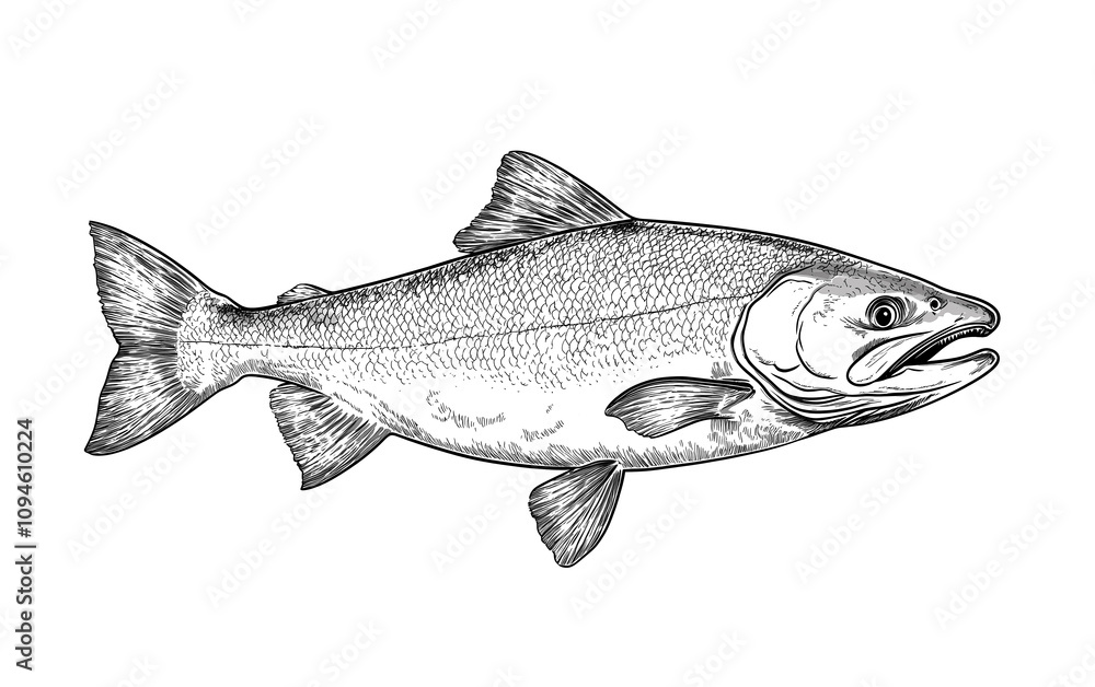 Fish sketch salmon trout. Vintage retro print, black white salmon trout ...