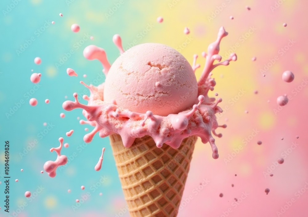 Bright pink ice cream splashing from a cone against a colorful ...