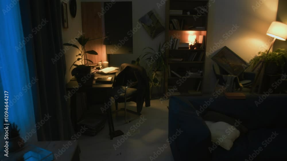 No people tilt down view of lamp-lit messy living room with open door ...