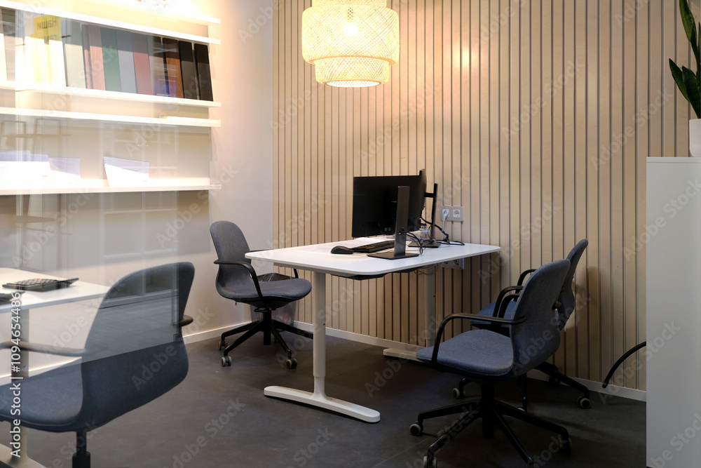 Poster A Modern Office Space Featuring Ergonomic Furniture and Stylish ...