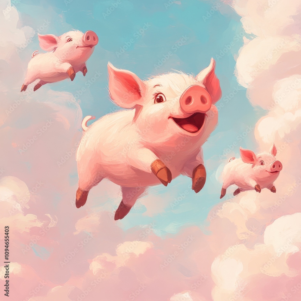 Flying Pigs. Cute Cartoon Piglets Soaring in the Sky with a Funny Twist ...