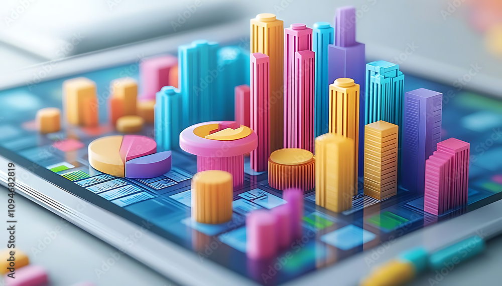 Market breakout signals. vibrant 3D pie chart and colorful bar graphs ...
