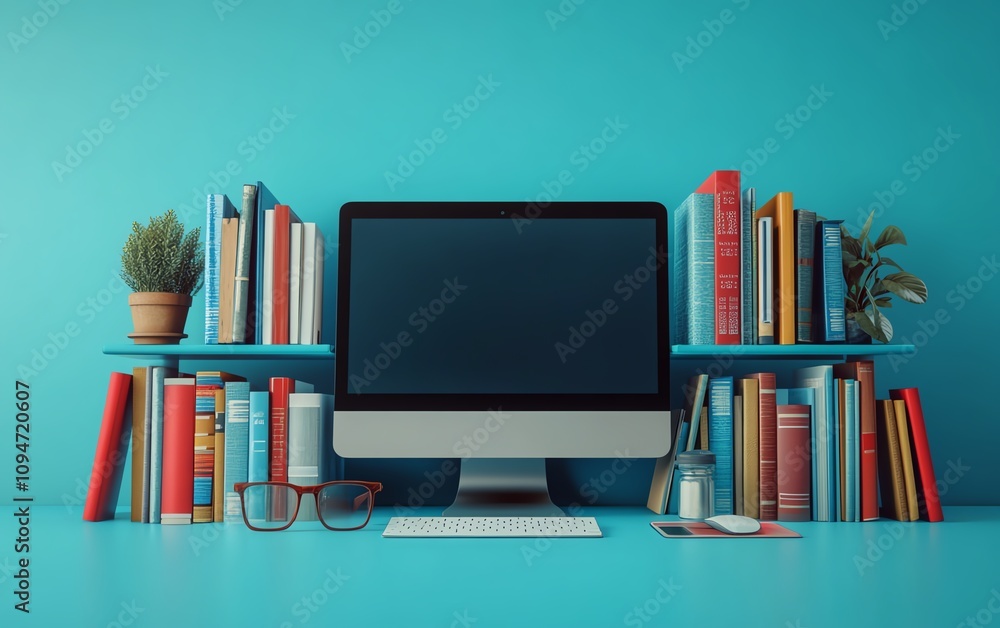 Digital online education concept with a computer and books on a blue ...