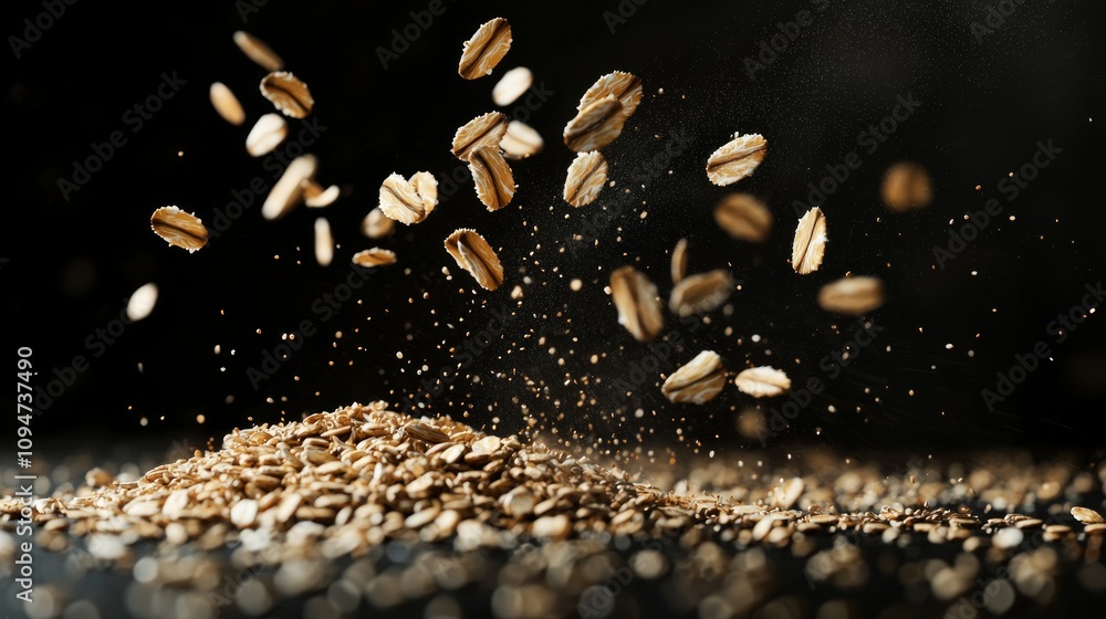 Foto de Individual oat grains suspended air mound oats dark backdrop ...