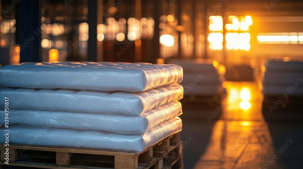 Securely Wrapped Mattresses on Pallets in Warehouse at Golden Hour ...