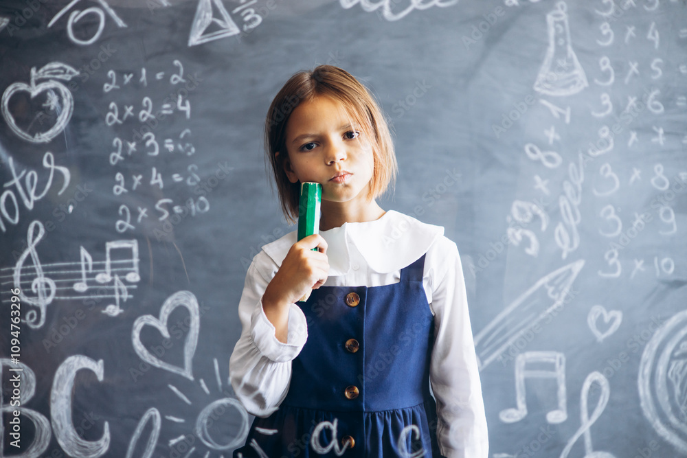 Cute little schoolgirl standing behind the glass board signed with math ...