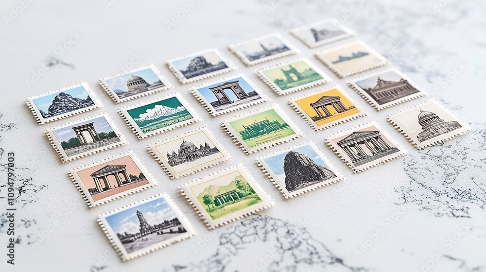 Nostalgic world travel postage stamp collection featuring illustrated ...