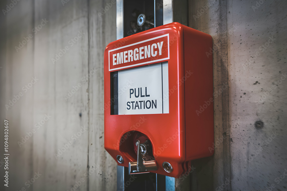 Fire alarm evacuation installation concept. A red emergency pull ...