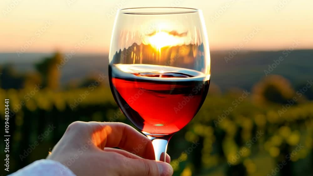 An elegant female hand with a glass of red wine on the terrace ...