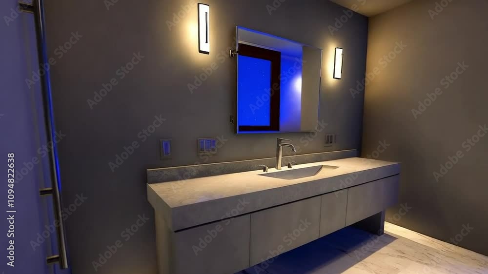 Luxurious gray bathroom with blue lighting night scene shiny floor ...