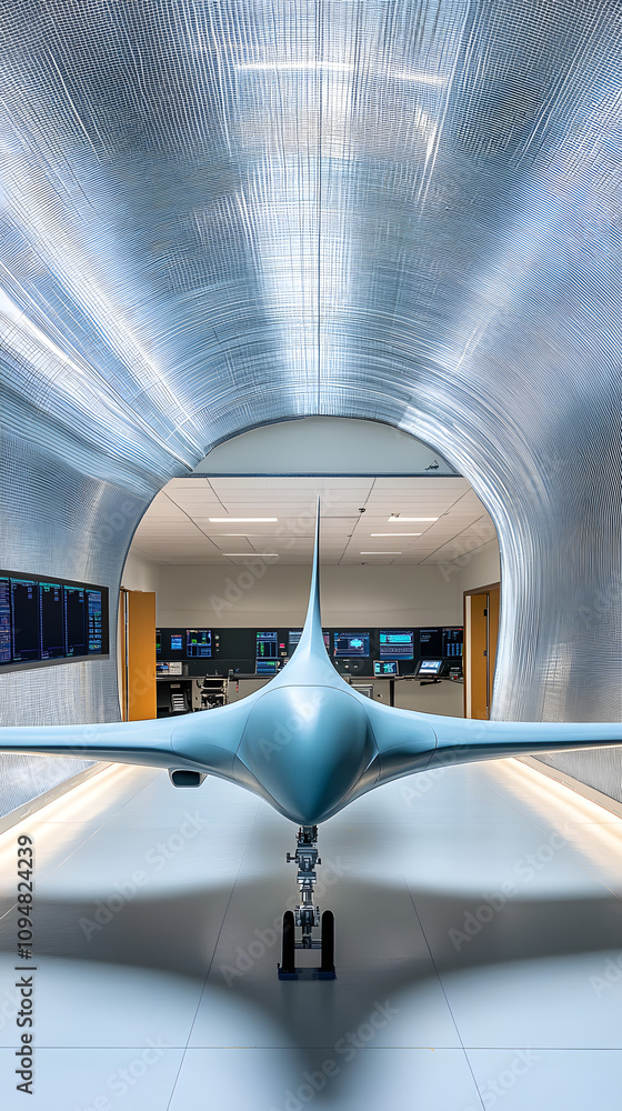 A wind tunnel testing setup with a small aircraft model, illustrating ...