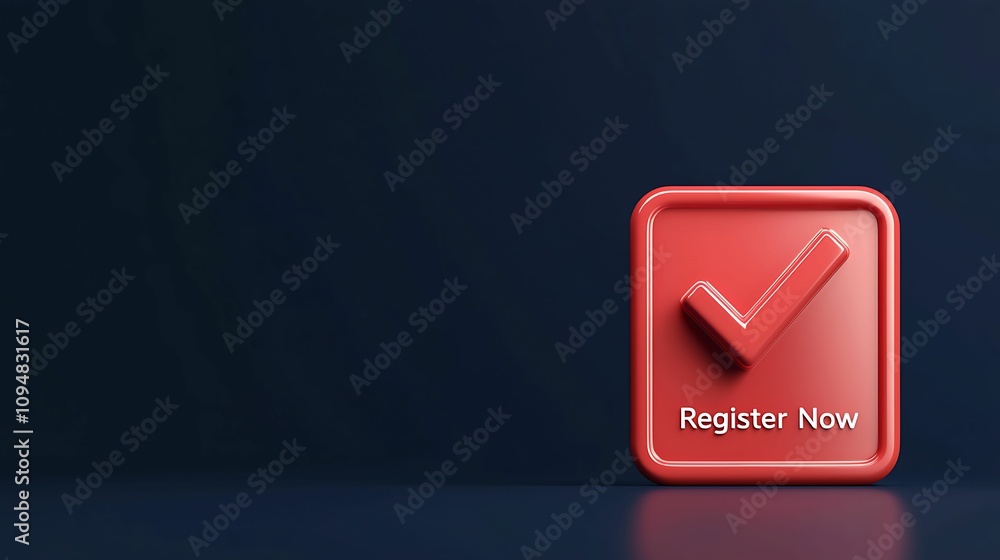 Register verification. A glossy red button with a checkmark and ...