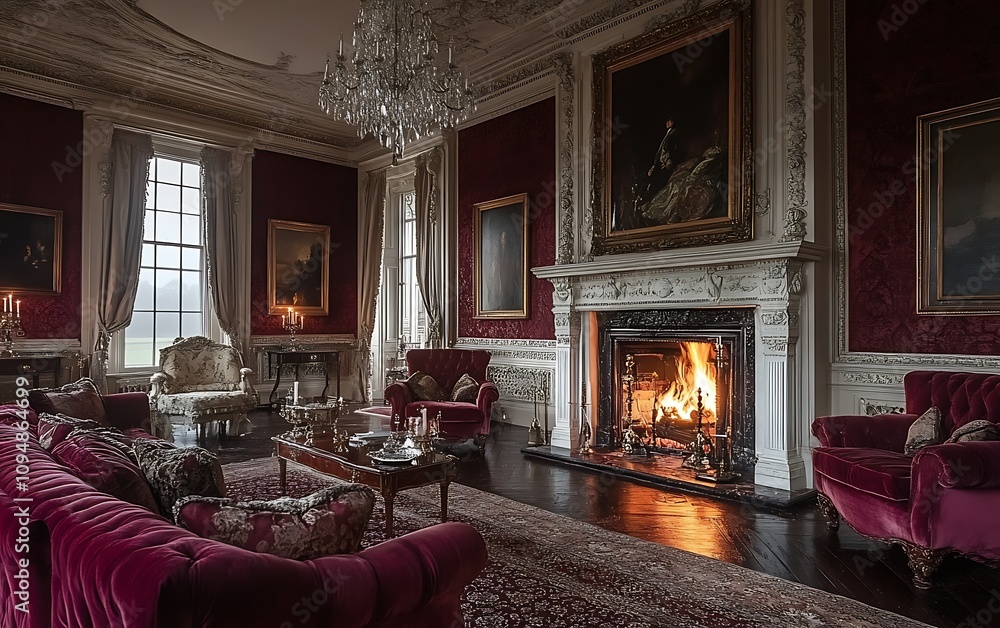 Opulent red drawing room in a historic mansion with a lit fireplace and ...