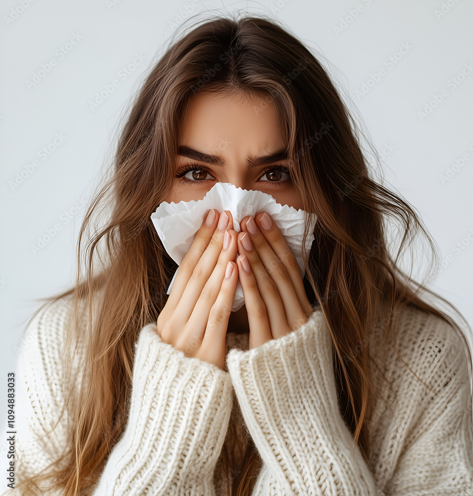 woman with long brown hair blowing her nose into an airtight tissue ...