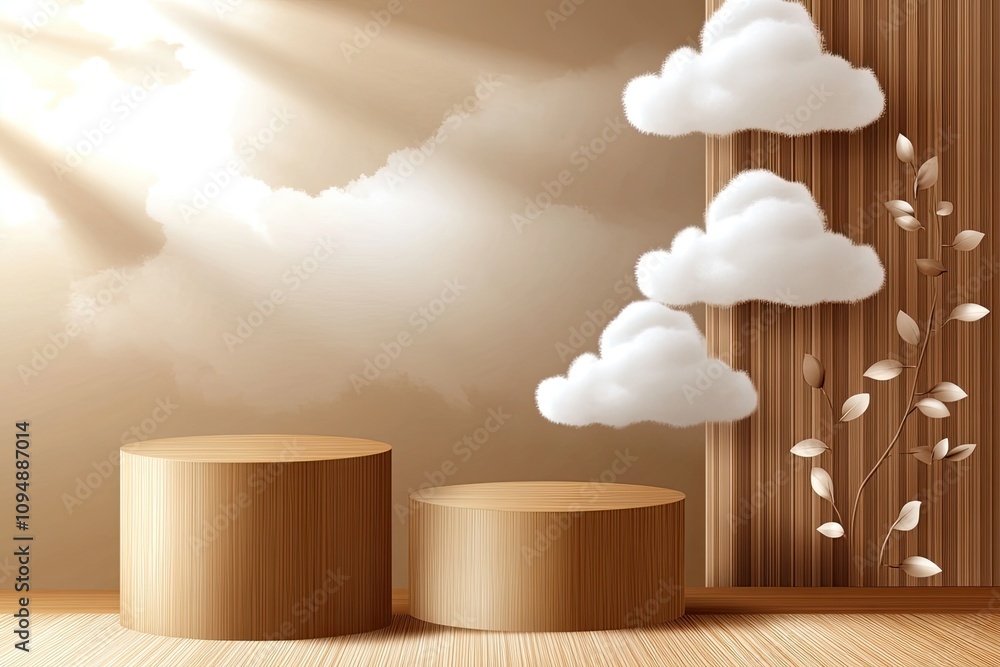 Paper art and digital craft style of wood cylinder podium with clouds ...