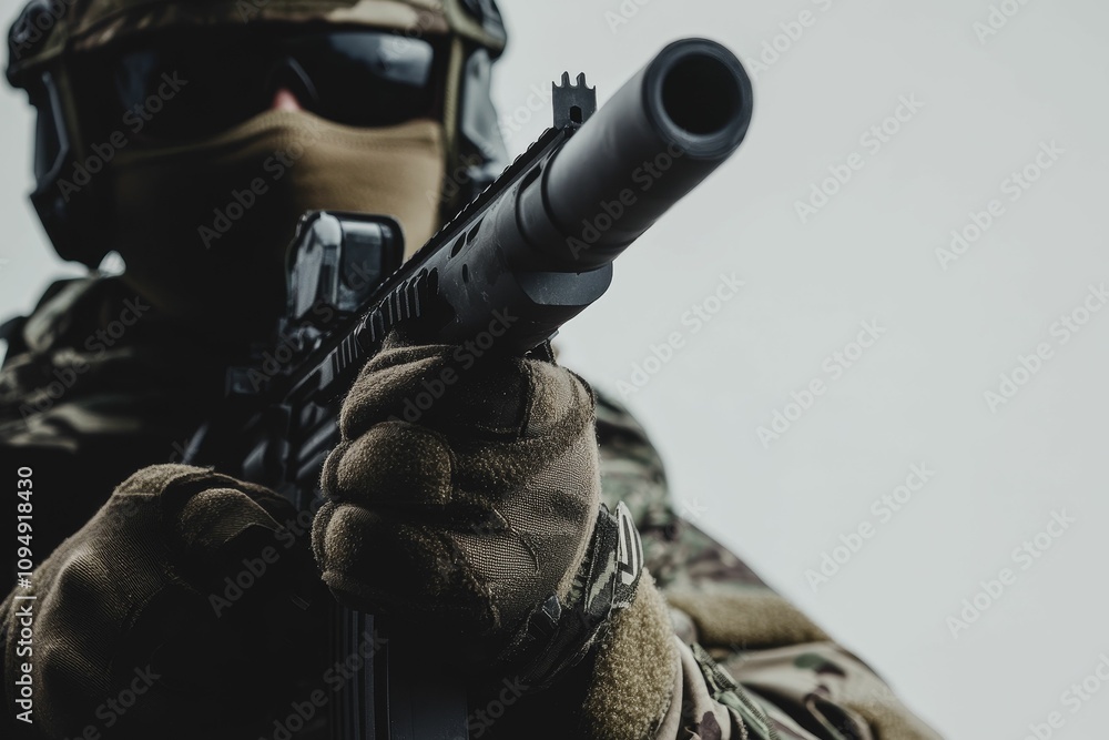 Poster Camouflaged soldier aiming assault rifle. – Wall Art | UkPosters