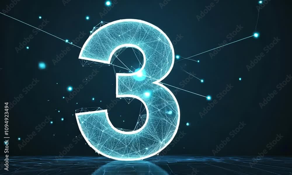 Number three text. Low poly wireframe illustration on technology blue ...