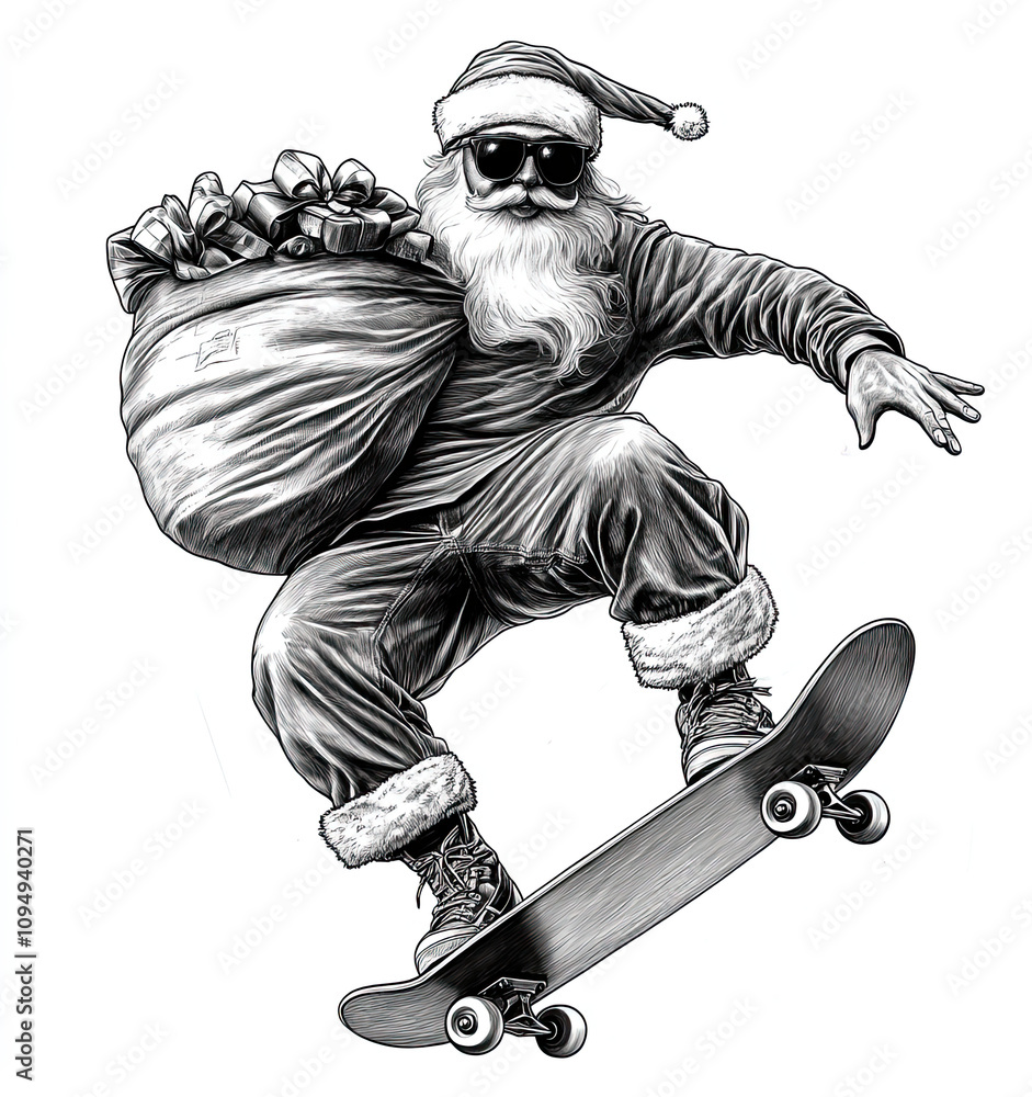 Black and white sketch engraving of Santa Claus in casual attire and ...