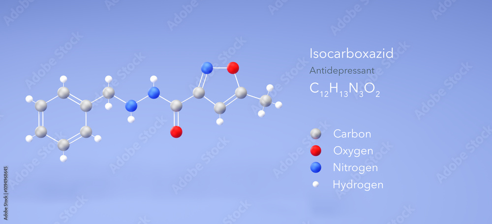 Isocarboxazid molecule, molecular structure, antidepressant, 3d model ...