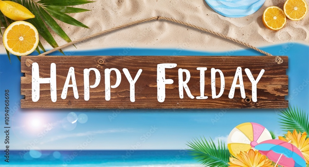 happy Friday lettering on wooden sign board with beach summer ...