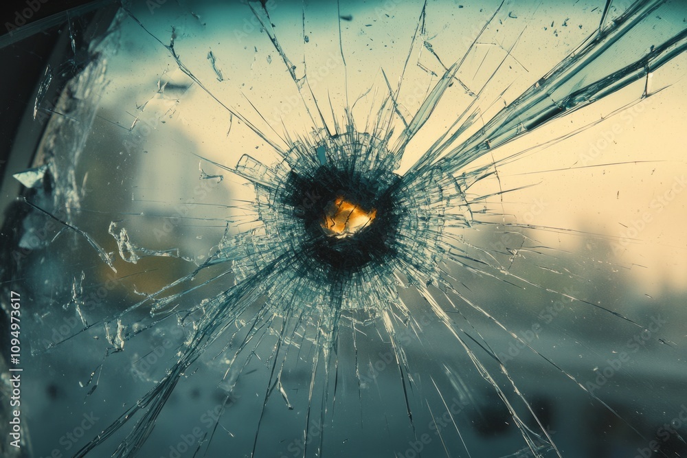 A close up of shattered glass revealing a burst of colors. The impact ...