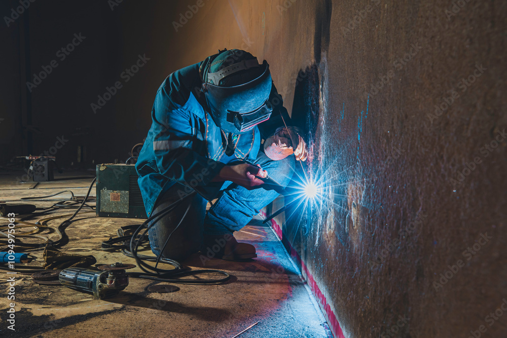 Welders at work in metal argon industry, welding metal plate tank ...