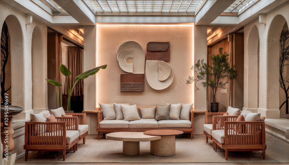 Modern atrium lounge with wooden furniture, a neutral color palette ...