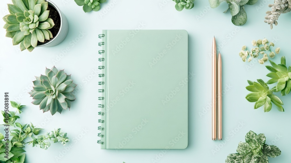 A serene flat lay featuring a mint notebook, wooden pencils, and ...