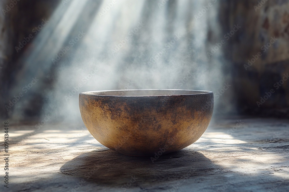 This beautiful empty deep plate stands on the table, the light falling ...