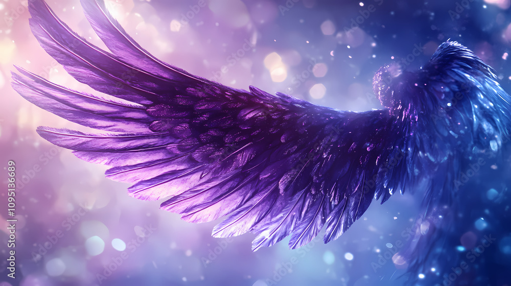 A unique and mystical stock photo of a purple angel wing against ...