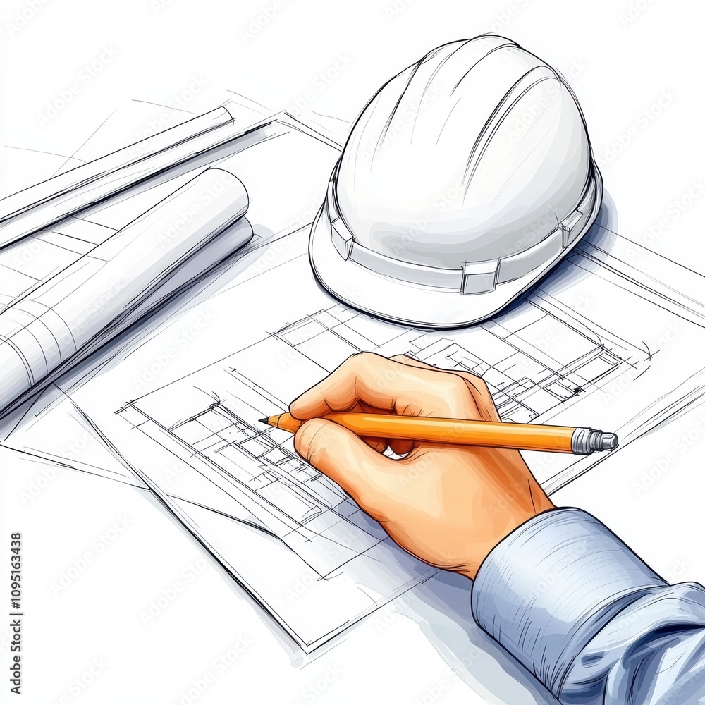 an engineer drafting a blueprint, technical profession, photorealistic ...