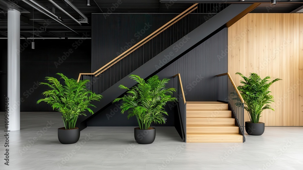 Multilevel workspace with open atrium, modern staircases, and glass ...