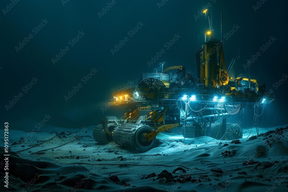 An alien-like automated mining station rests on the ocean floor, its ...