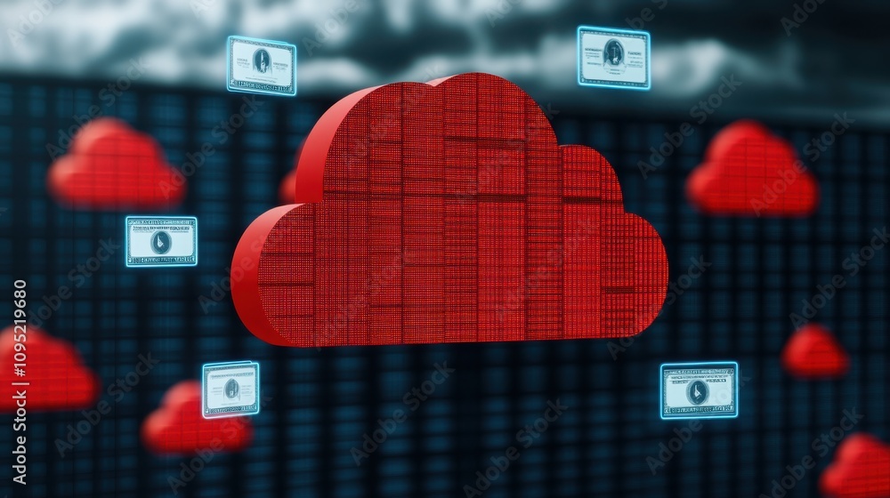 Cloud service storage concept.A red cloud symbol with digital patterns ...
