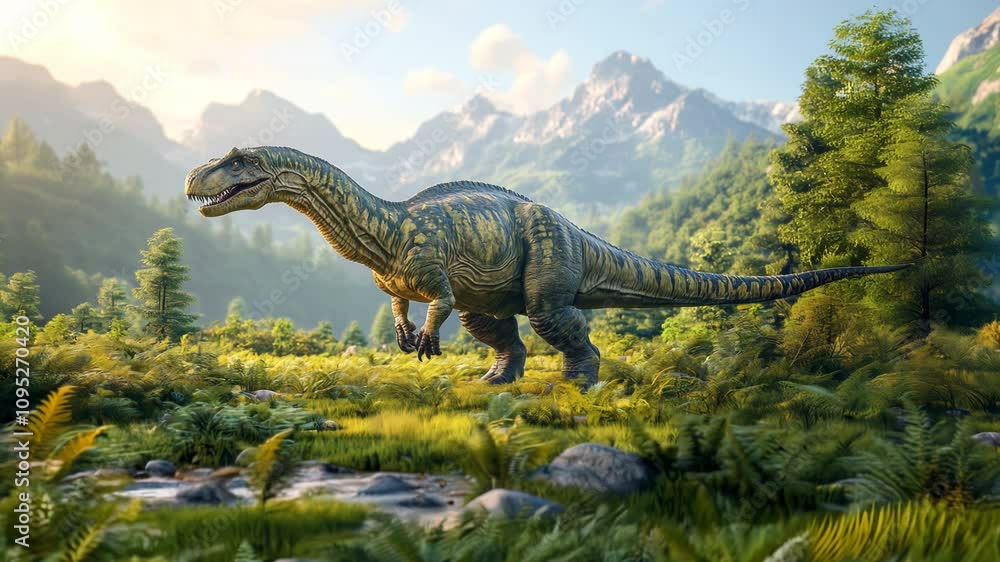 Dinosaur in wild prehistoric natural landscape. Jurassic Mesozoic era ...