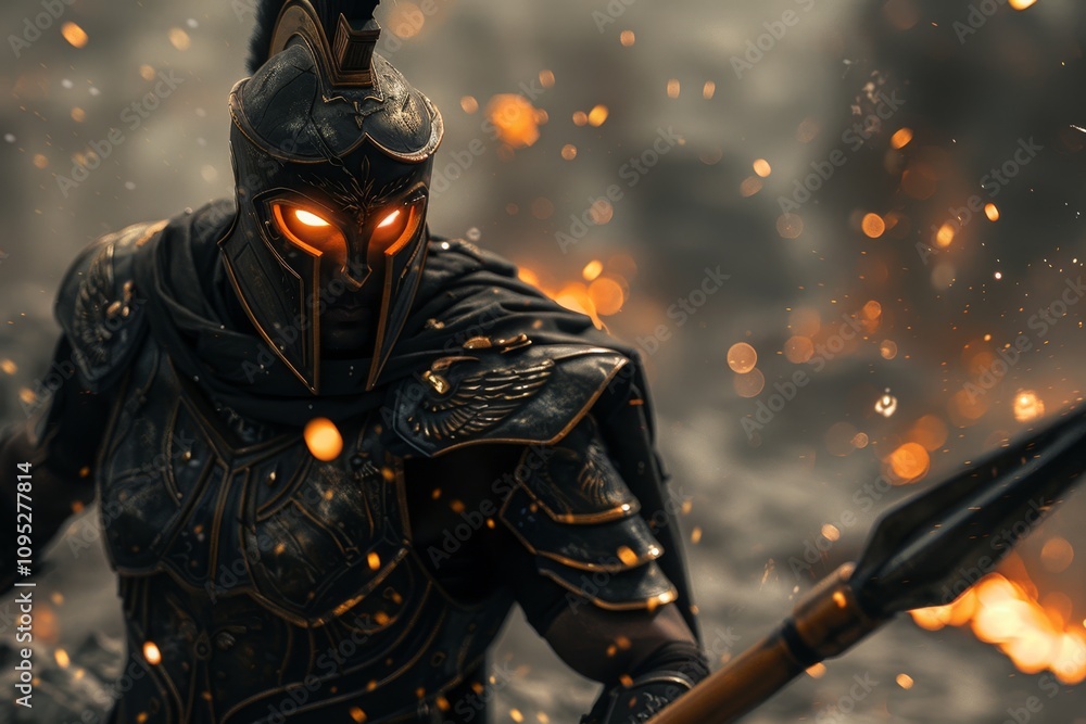 Warrior clad in armor stands amidst sparks and embers during an epic ...