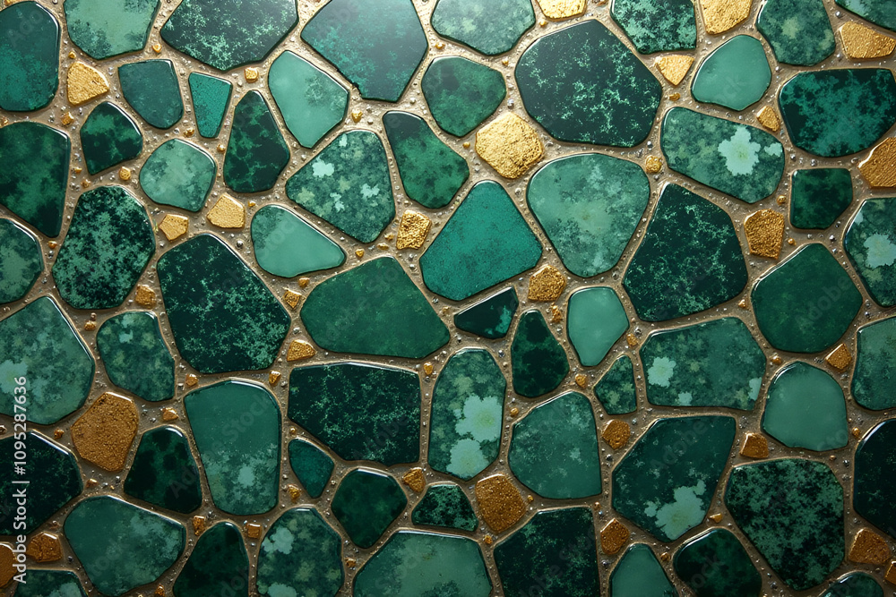 Patterned green stone mosaic with gold accents, creating a natural and ...