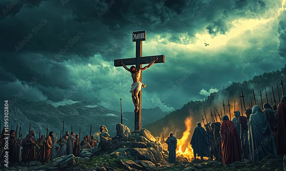 Jesus Christ's crucifixion amidst a stormy landscape and Roman soldiers ...