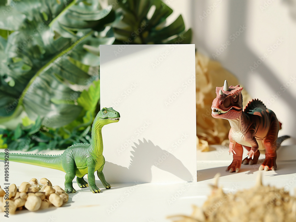 Colorful Dinosaur Party Invitation Mockup with Blank Card and Toy ...
