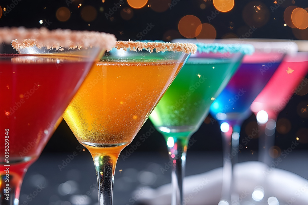 A line of rainbow-colored martini cocktails with sugared rims against a ...
