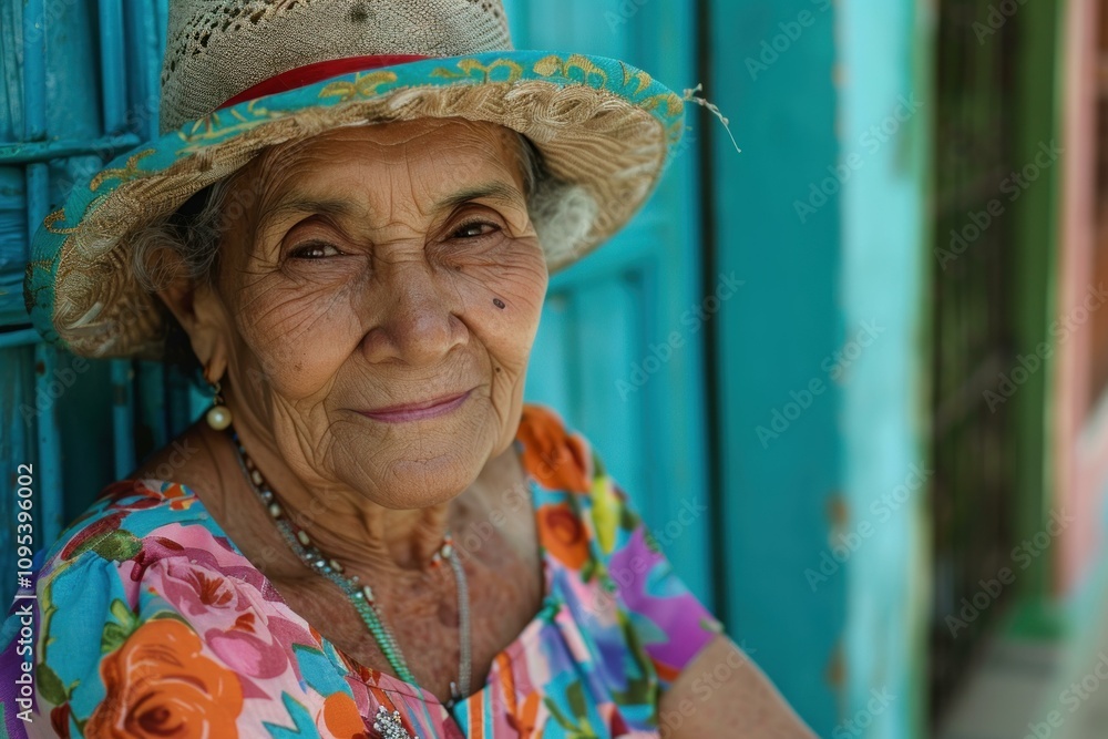 Portrait of a cheerful senior cuban woman wearing a traditional straw ...