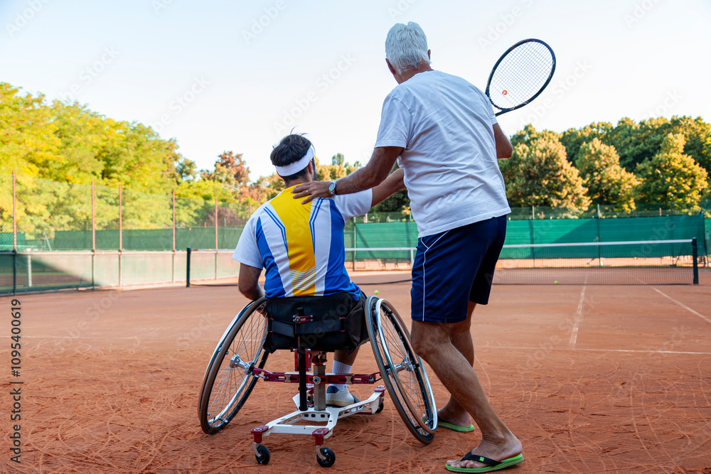 disabled tennis player in wheelchair practicing shots with a coach on ...