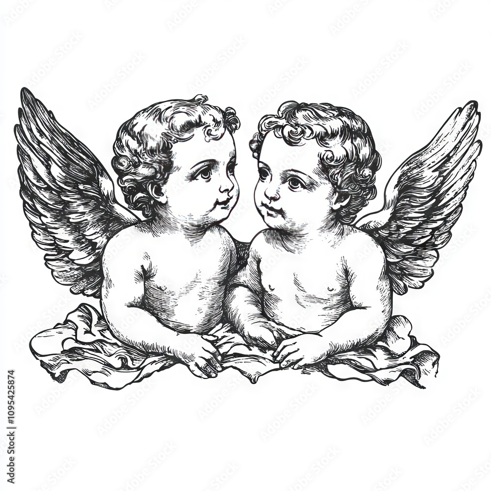 vector comic style sketch of two cherubs rough black outlines on white ...
